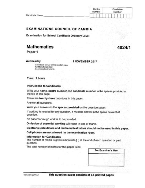 2017 Mathematics Paper 1 Past Paper Centre Candidate Number Number