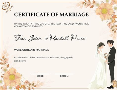 Romantic Floral Design Marriage Certificate Template Landscape