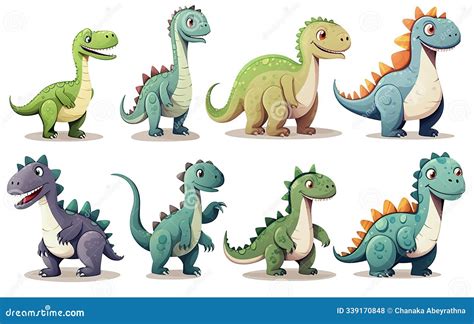 Set Of Isolated Various Dinosaurs Cartoon Character On White Background