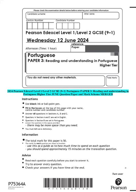 2024 Pearson Edexcel Level 1 Level 2 Gcse 9 1 Portuguese Paper 3 Reading And Understanding In