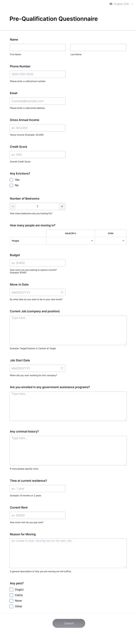 Pre Qualification Questionnaire Form Template Jotform