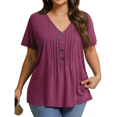 Fantaslook Plus Size Blouses For Women Pleated Button Short Sleeve