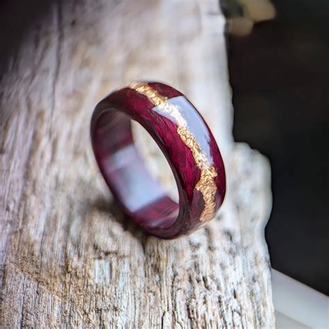 Purpleheart Wood Ring 22k Rose Gold Vein Central Inlay Handmade To Order From Scratch Fully