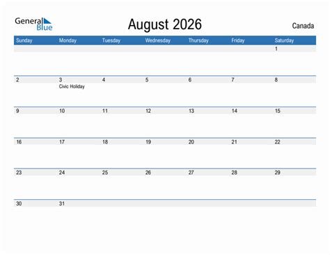 August 2026 Monthly Calendars With Canada Holidays