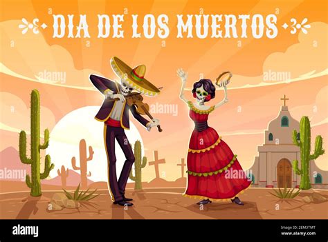 Day Of The Dead Mexican Holiday Dancing Skeletons In Sombrero Dia De