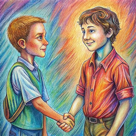 A Drawing Of A Boy And A Boy Shaking Hands Premium Ai Generated Image