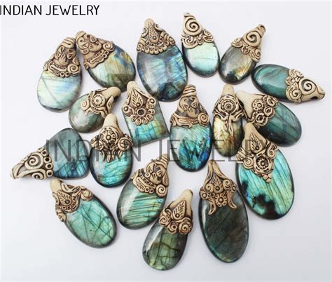 Natural Labradorite Pendant Designer Handmade Polymer Clay Pendant