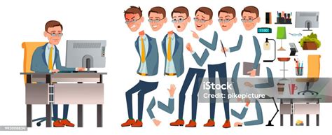 사무실 작업자 벡터입니다 감정 다양 한 제스처를 얼굴 애니메이션 만들기 세트입니다 비즈니스 맨 전문 캐비닛 노동자 장교 점원 격리 된 만화 캐릭터 그림 Launch