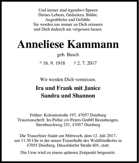 Traueranzeigen Von Anneliese Kammann Trauer In Nrw De