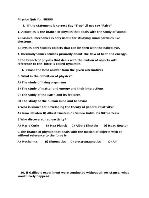 Physics Quiz For Pdf Science And Mathematics