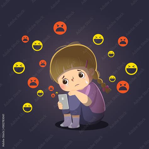 Vector Illustration Cartoon Of Sad Girl Victim Of Cyberbullying Online Sitting Alone In The