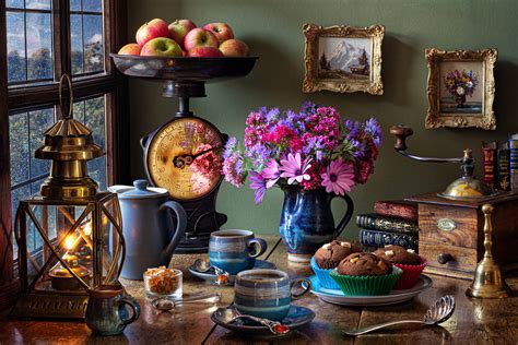 Still Life With Apples Coffee Cupcakes And Flowers Hd Wallpaper