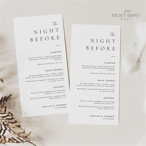 Rehearsal Dinner Menu Template The Night Before Setting Card Elegant
