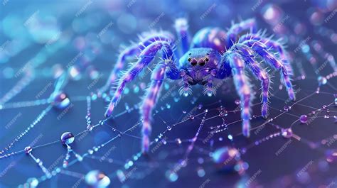 A Closeup Of A Blue And Purple Jumping Spider On A Web With Water