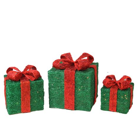 Northlight Set Of 3 Lighted Green T Boxes With Red Bows Outdoor