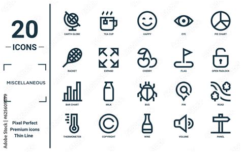 Miscellaneous Linear Icon Set Includes Thin Line Earth Globe Racket