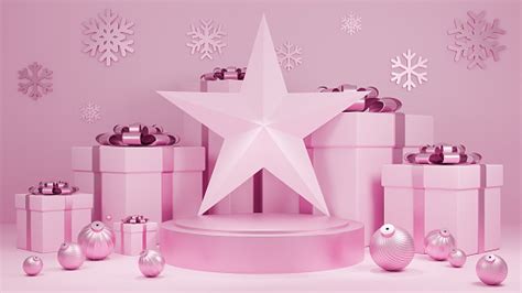 연말연시 크리스마스와 새해 에이드 파스텔 핑크 컬러 배경에 선물 상자와 포디움 디스플레이 스탠드가 표시된 럭셔리 제품 포장 프레젠테이션 3d 모델 및 일러스트레이션 3차원