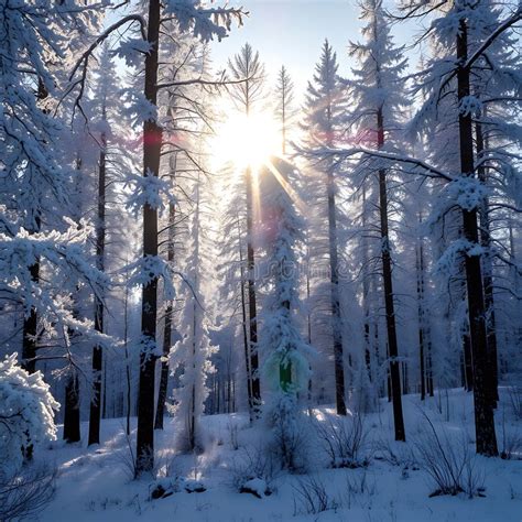 Sunlight Through Frosted Trees In Snowy Forest Stock Illustration