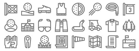 골프 라인 아이콘 선형 집합입니다 골프장 지도 채점 장갑 폴로 셔츠 선글라스 티 골프공 벙커 와 같은 품질 벡터 라인 세트 경쟁에 대한 스톡 벡터 아트 및 기타 이미지