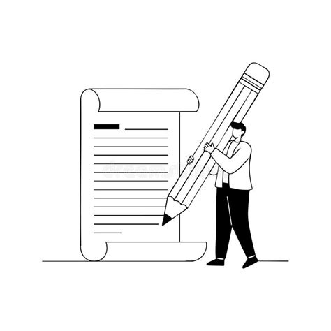 Man Holding Giant Pencil Writing On Large Scroll Document Concept Vector Illustration Stock