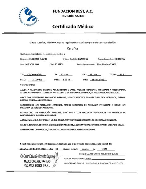 Formato Para Certificado Medico