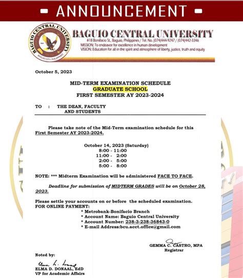 Midterm Examination Schedule First Semester Ay 2023 2024 Baguio Central University
