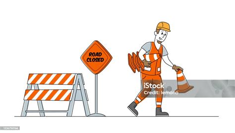 도로 공사 및 아스팔트 포장 개념 오렌지 전체 에 노동자 남자 문자 넣어 교통 콘 및 경고 도로 폐쇄 표지판 건설 산업 고속도로 유지 보수 선형 벡터 일러스트레이션 벡터에