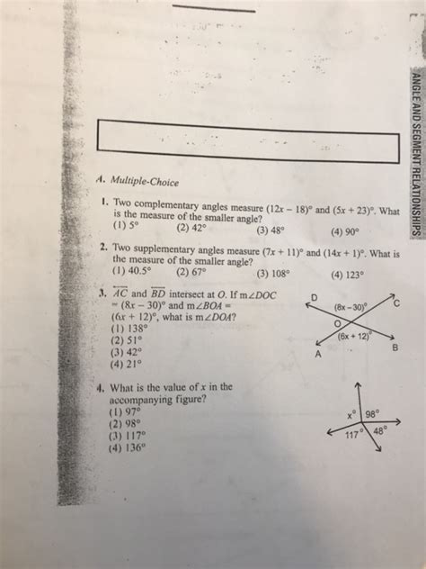 Solved A Multiple Choice 1 Two Complementary Angles