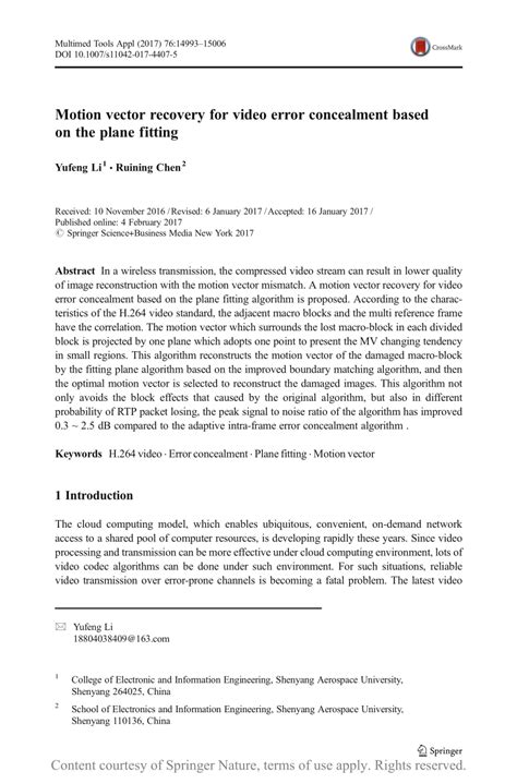 Motion Vector Recovery For Video Error Concealment Based On The Plane