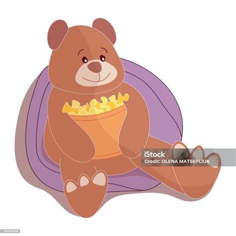 Cute Caryoon Brown Teddy Bear Eating Popcorn Stock Illustration