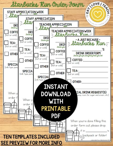 Starbucks Order Form Coffee Teacher Staff Just Because