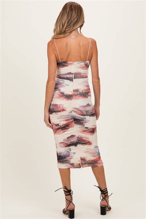 Cream Floral Mesh Fitted Maternity Midi Dress Pinkblush