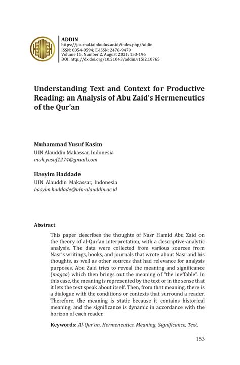Pdf Understanding Text And Context For Productive Reading An Analysis Of Abu Zaids