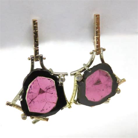Tourmaline Bi Color Slices And Diamond Dangle Earrings In Yellow White