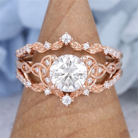 Emerald Cut Moissanite Engagement Ring Set Rose Gold Unique Simple Ring Set Amandafinejewelry