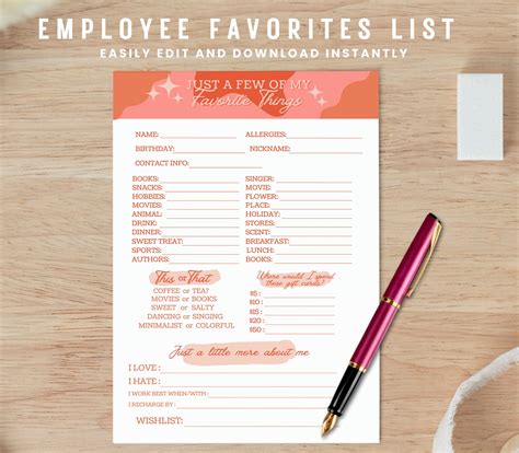 Employee Favorites List Get To Know Employee Employee Etsy Artofit