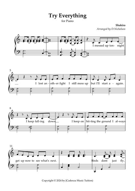 Try Everything Arr Daniel Nicholson Sheet Music Shakira Piano Solo