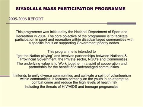 Ppt Siyadlala Mass Participation Programme 2005 2006 Report