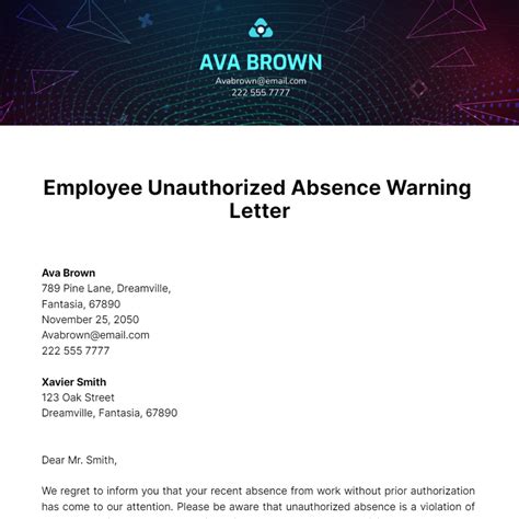 Free Employee Unauthorized Absence Warning Letter Template To Edit Online