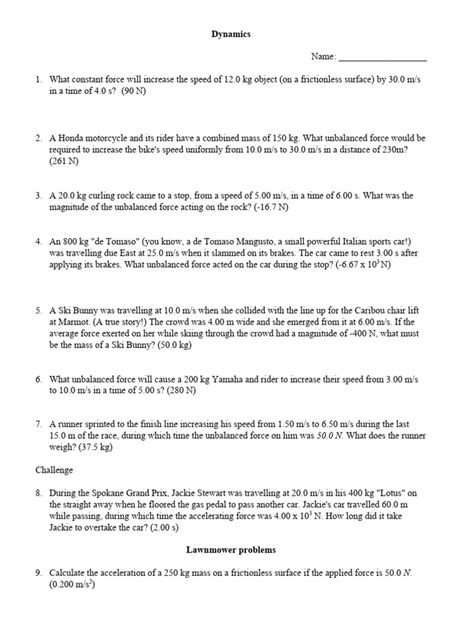 Dynamics Worksheet Pdf