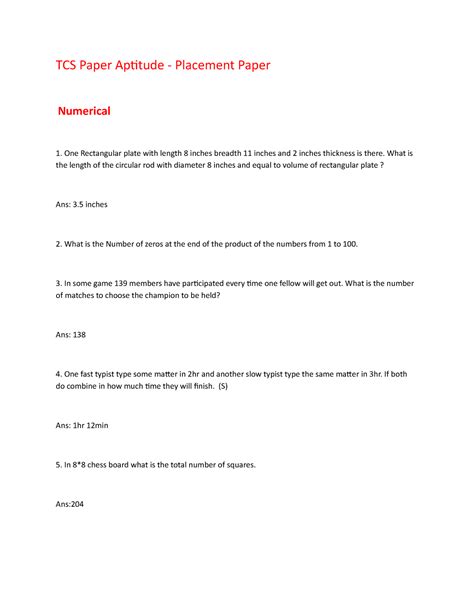 Entrance Tcs Placement Sample Paper 5 Tcs Paper Aptitude Placement Paper