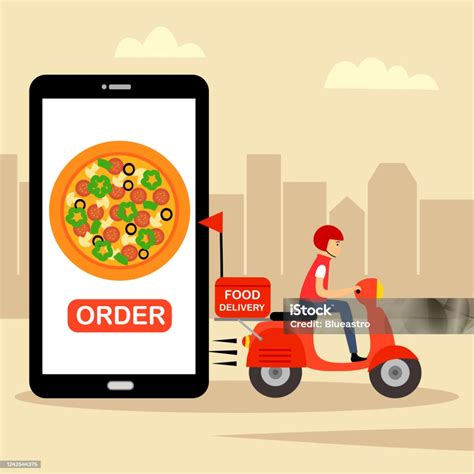 온라인 음식 주문 및 음식 배달 서비스 벡터 그림 동네 짱 먹는 음식을 잡아 방문 페이지 웹 모바일 앱 포스터 전단지에 대한 패스트 푸드 디자인 템플릿 오토바이에 대한 스톡
