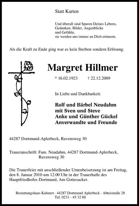 Traueranzeigen Von Margret Hillmer Trauer In Nrw De