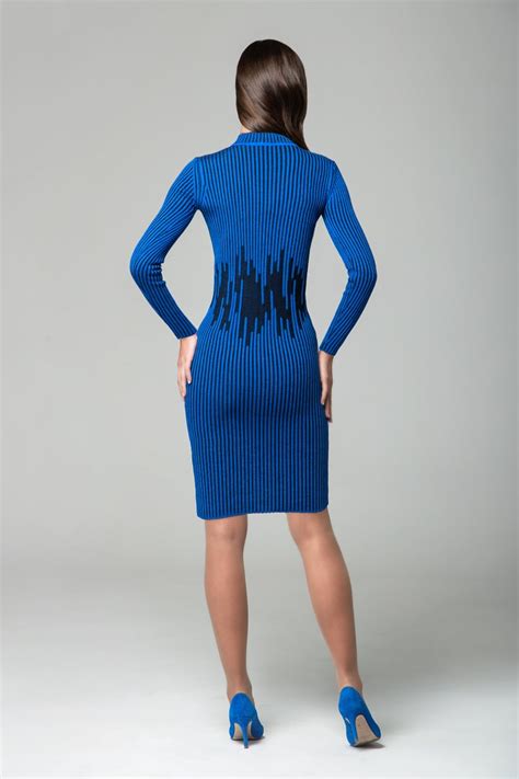 Blue Two Tone Ribbed Knit Dress With Waist Defining Detail Tara