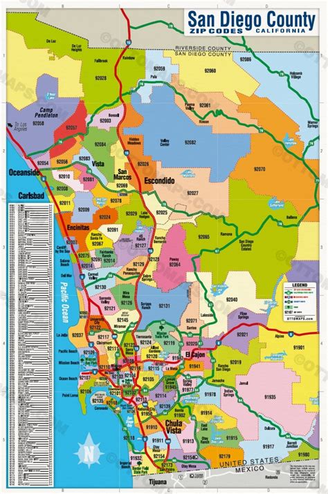 San Diego County Zip Code Map Coastal Zips Colorized Poster Prin