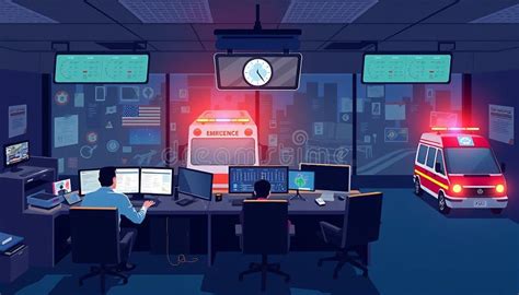 Emergency Control Room With Screens And Staff Depicting Emergency Response And Technology