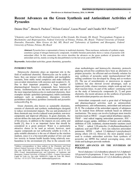 Pdf Cheminform Abstract Recent Advances On The Green Synthesis And
