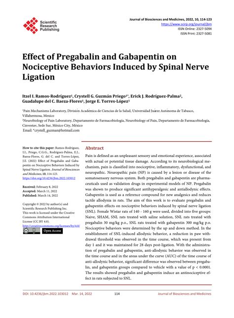 Pdf Effect Of Pregabalin And Gabapentin On Nociceptive Behaviors Induced By Spinal Nerve Ligation