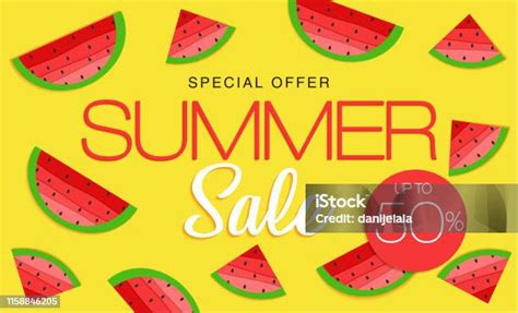여름 세일 배너 수박 조각이 있는 더운 계절 할인 포스터 쇼핑 초대 특별 제공 카드 벡터 일러스트레이션 0명에 대한 스톡 벡터