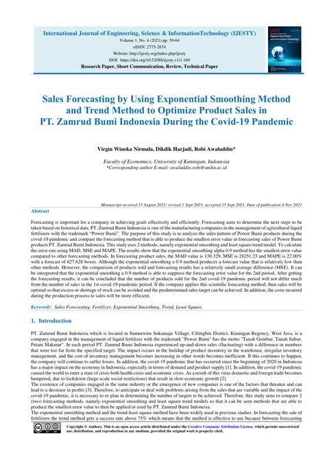 Pdf Sales Forecasting By Using Exponential Smoothing Method And Trend Method To Optimize